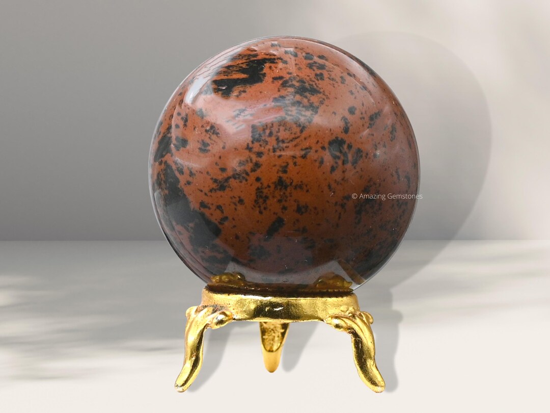 Mahogany Obsidian Crystal Sphere With Brass Stand, Healing Stone Decor ...