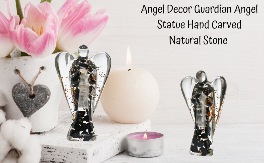 Selenite Black Tourmaline Guardian Angel Statue, Healing Crystal Orgone ...