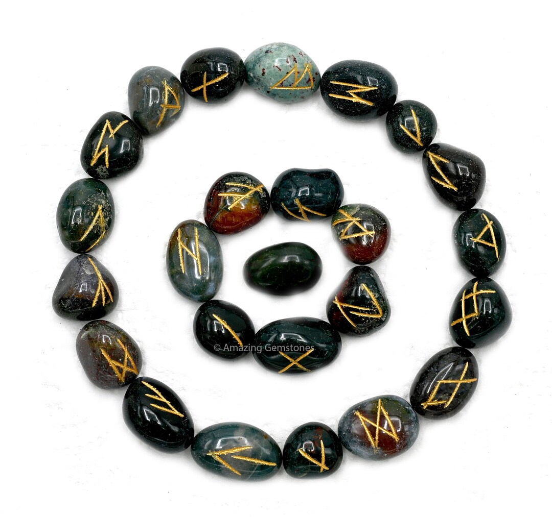 Bloodstone Engraved Witches Rune Stone Set, Set of 25 Natural Crystal ...