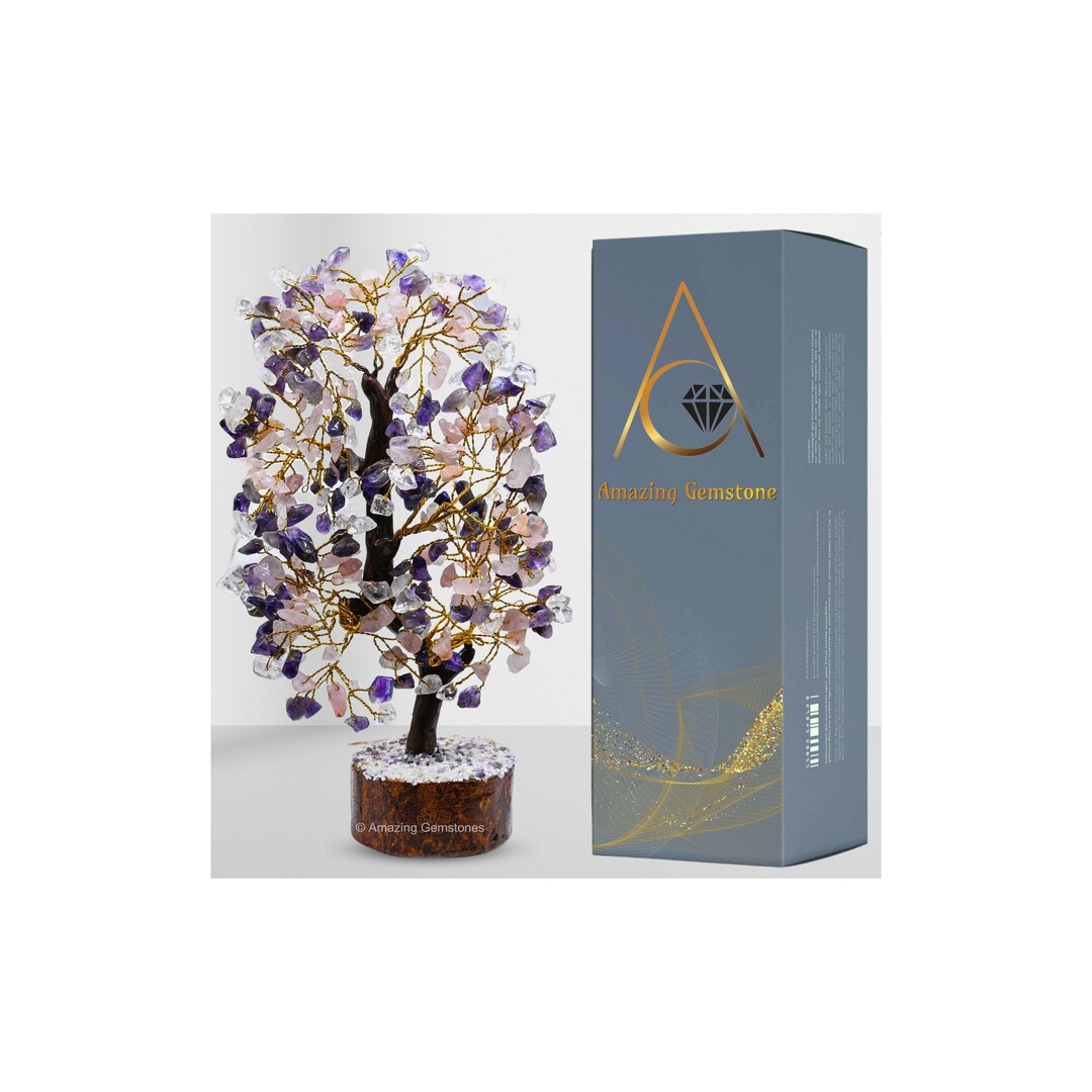 Gemstone Crystal Bonsai Tree of Life, Amethyst Rose Quartz Clear Quartz ...