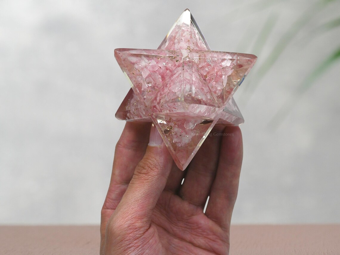 Rose Quartz Crystal Merkaba Star, Hand Carved Orgonite Metatrons Cube ...