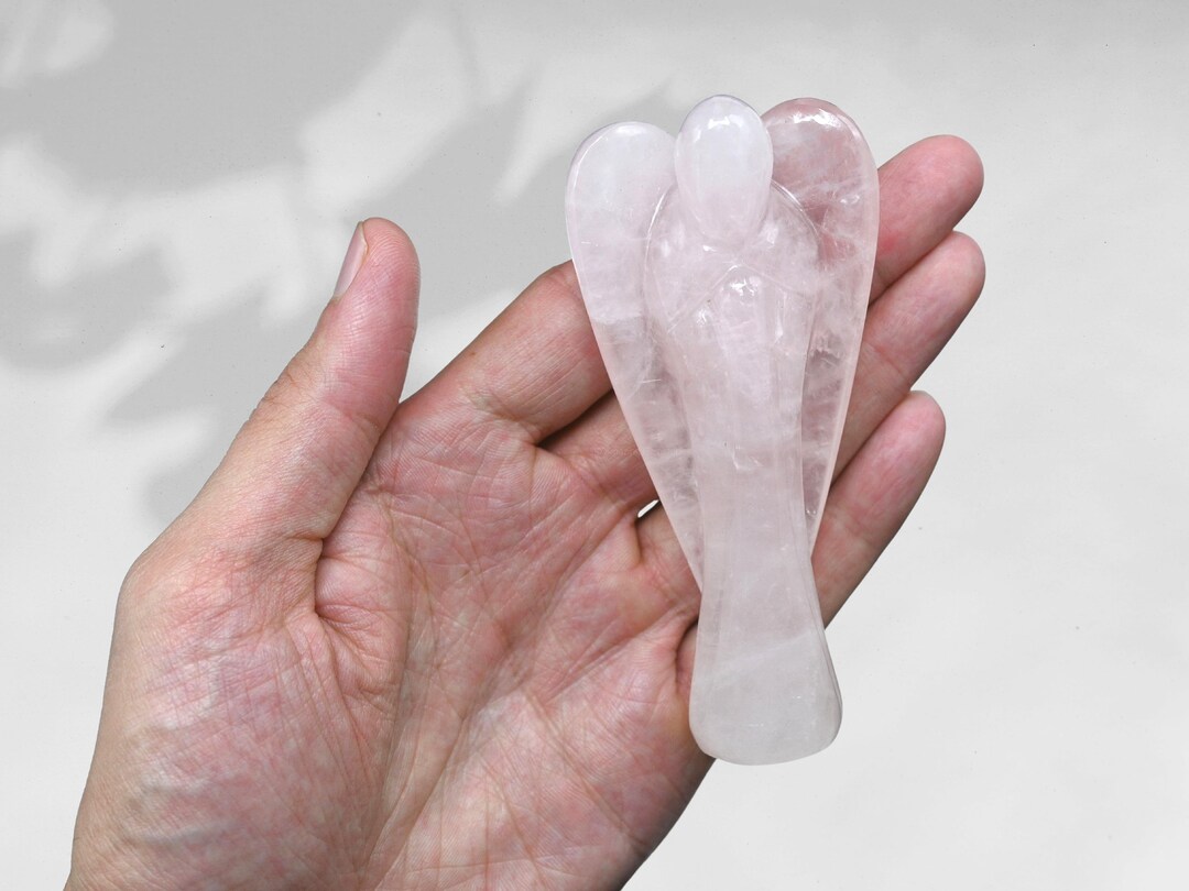 Rose Quartz Guardian Palm Angels Statue, Healing Crystal Hand Carved ...