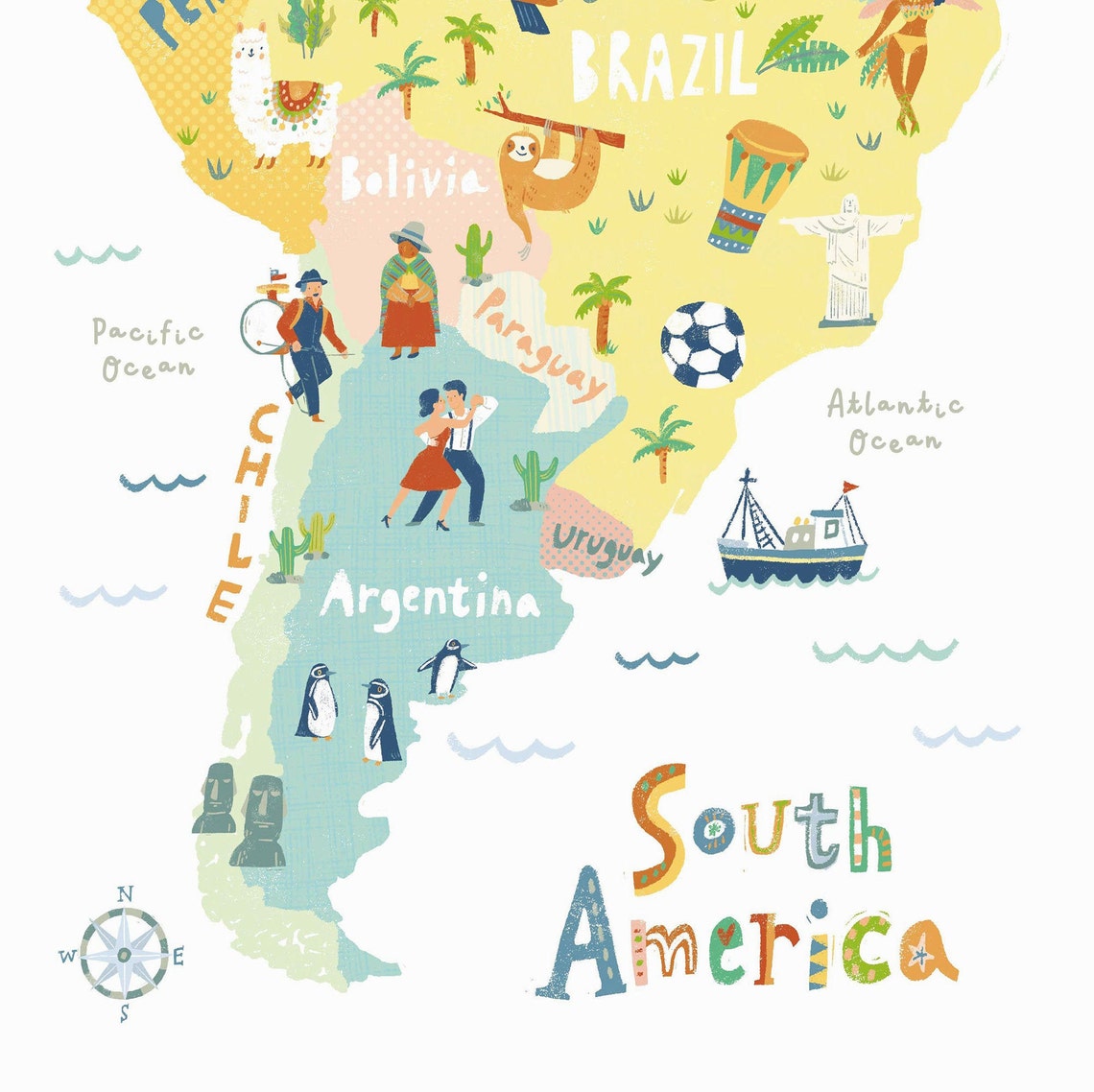 Map Print/south America Map Poster/travel Art Print/playroom - Etsy