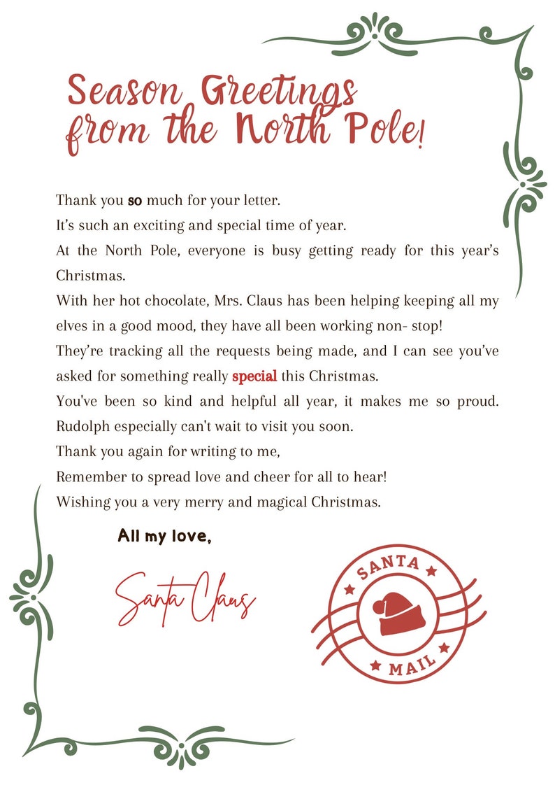 Santa Claus Reply Letter - Printable - Etsy