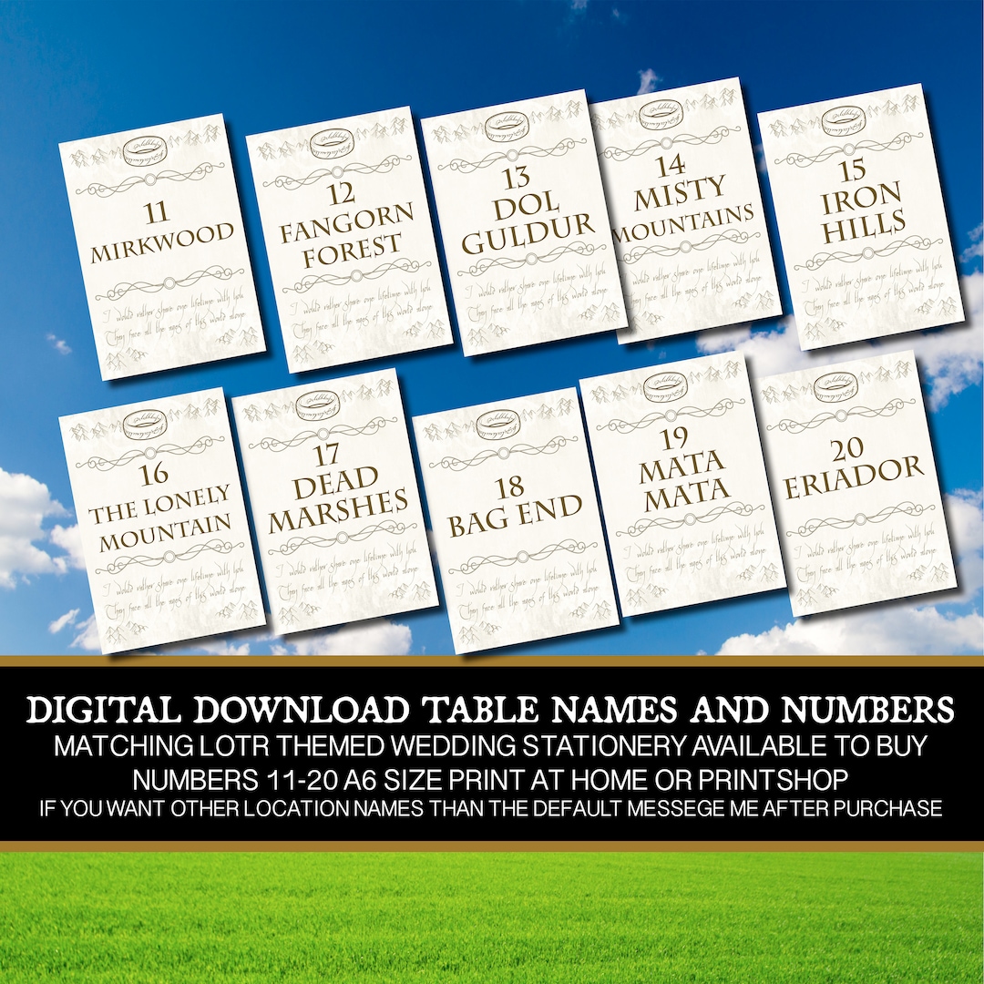 Combined Table Names and Numbers 11-20 Lord of the Rings Lotr Wedding ...