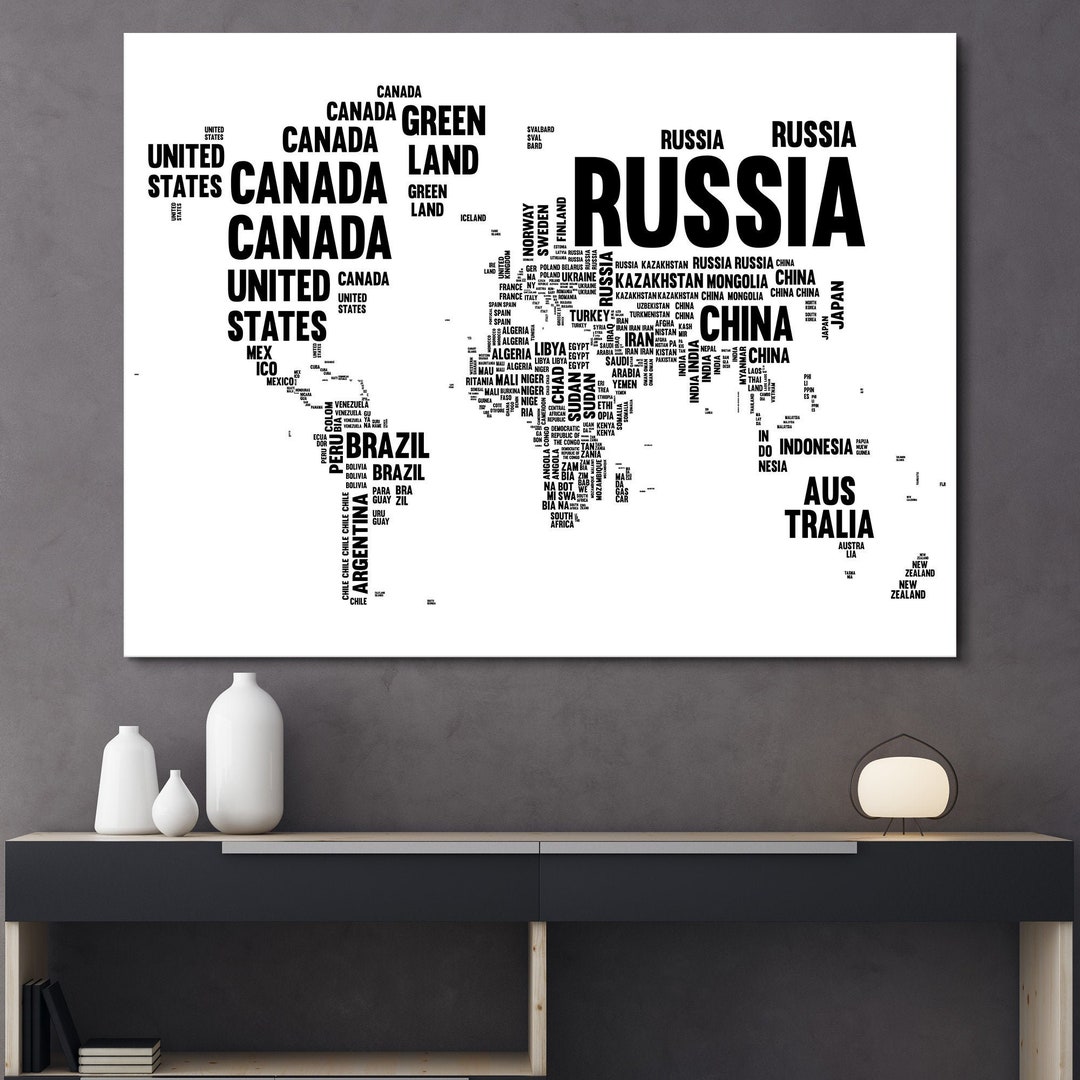 Typography World Map Canvas Wall Art Framed Artwork - Etsy