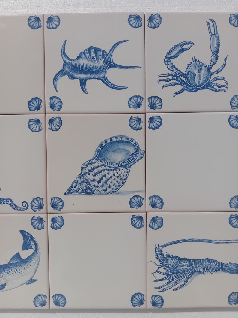 Hand-painted Ceramic Tiles, 42x84 Cm/16.5x33 IN; Glazed Tiles; Blue ...