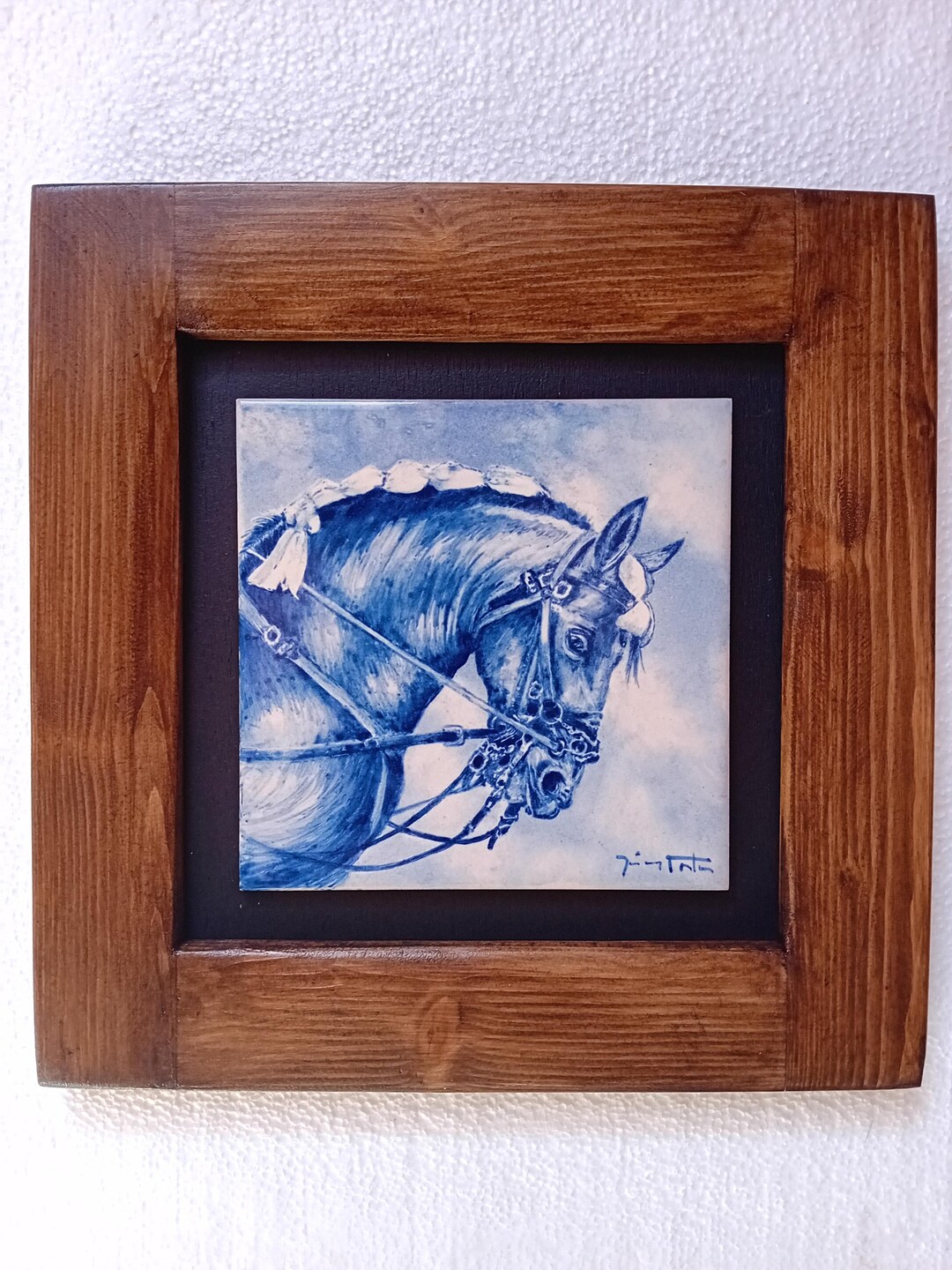 Hand-painted Ceramic Tile, 27x27 Cm (framed); Equestrian Painting; Blue ...