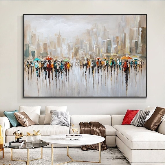 Large Living Room Wall Art Urban Scene Original Art Extra Large Canvas Art Oil Painting Home Decor Office Neutral Earthy Colors with Pop Etsy