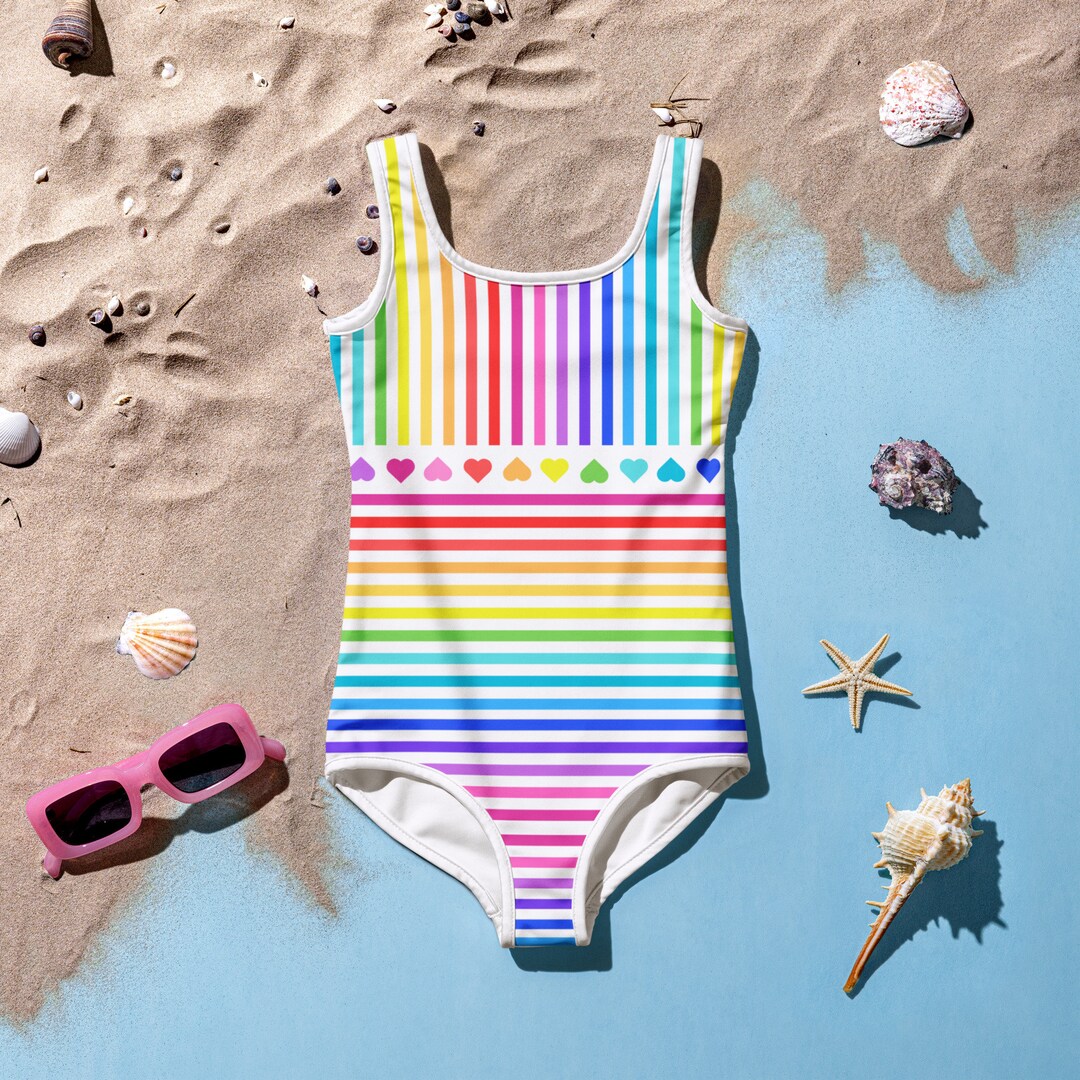 Rainbow Hearts Kids Swimwear Girls Hearts Rainbow Bathing Suit Girls ...