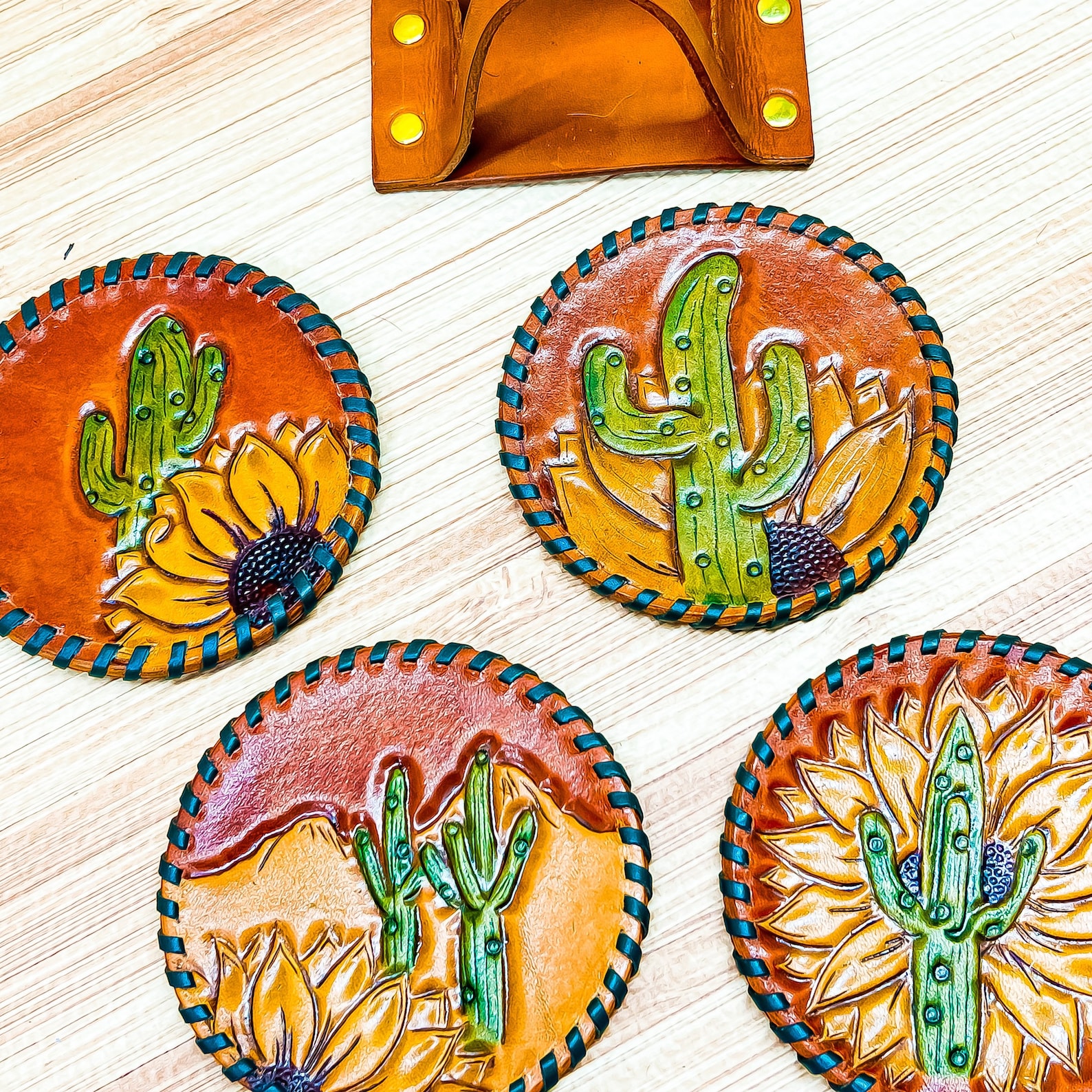 Hand Tooled, Hand Painted Leather Coaster Sets - Etsy