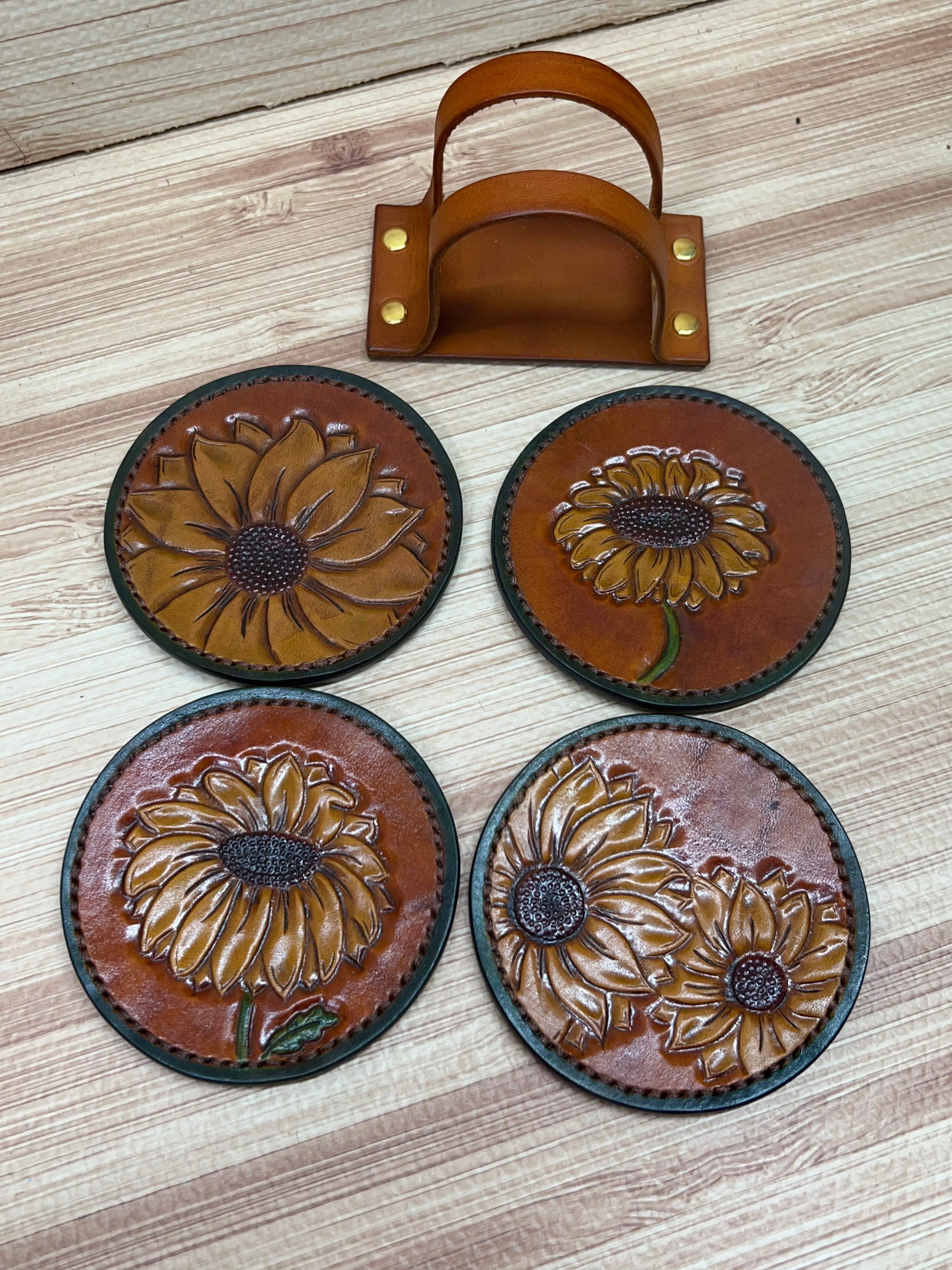 Hand Tooled, Hand Painted Leather Coaster Sets - Etsy