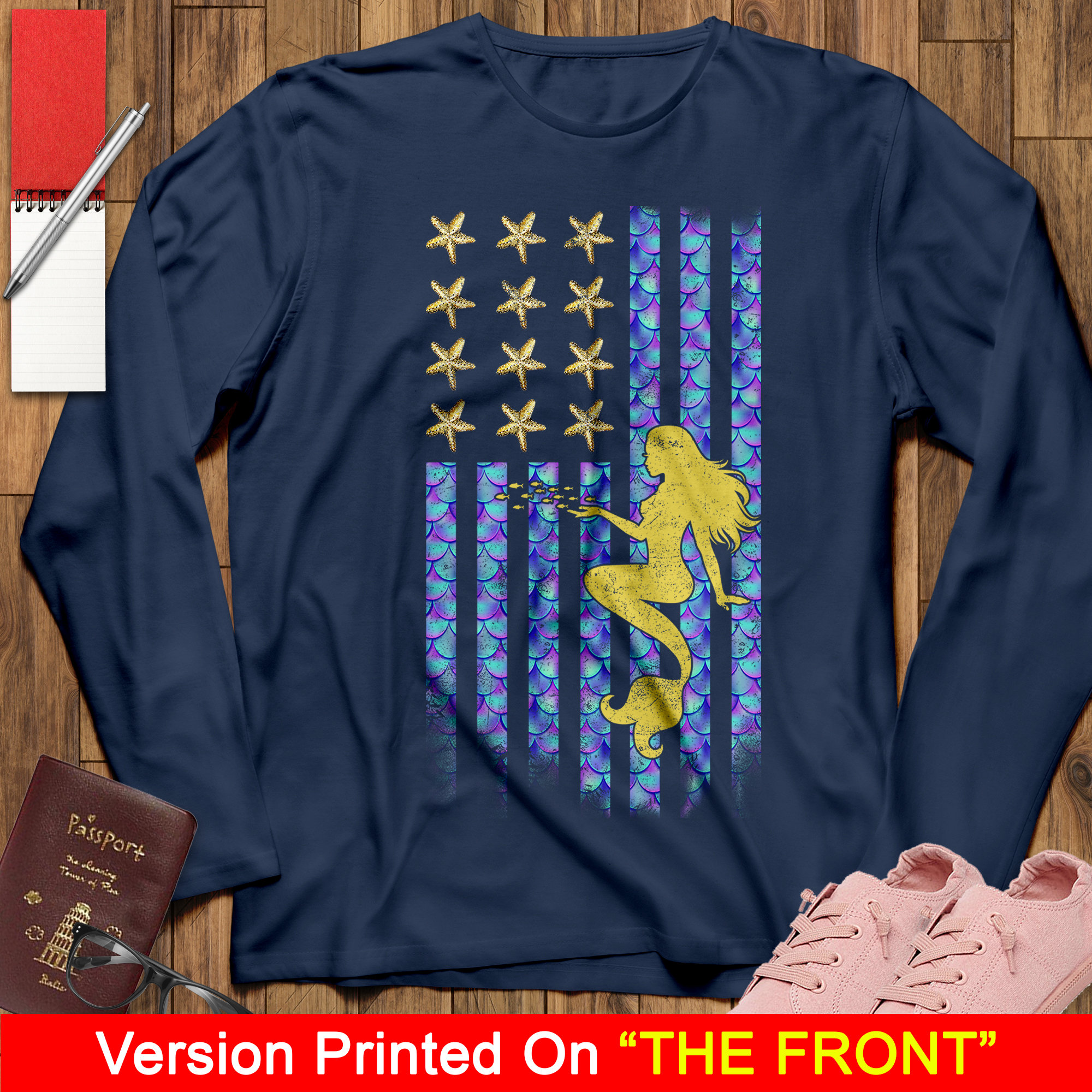 Mermaid American Flag With Seashell Starfish T Shirt, American Mermaid ...