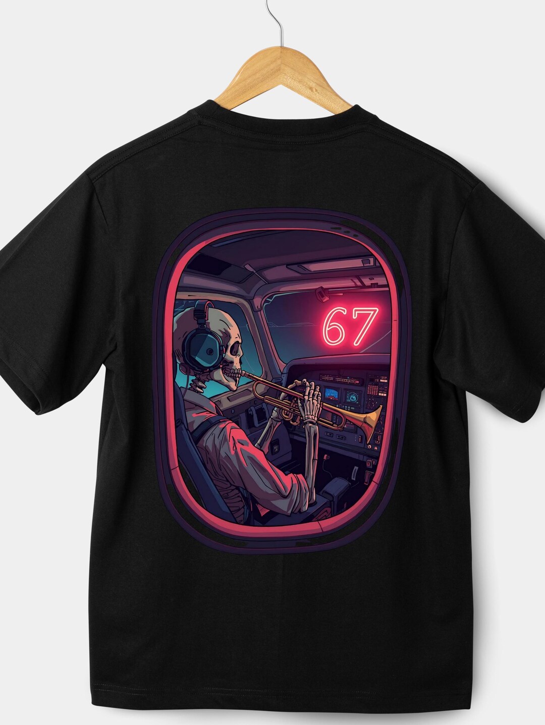 DOOT 67 Aviation Poster: Funny Skeleton Pilot, Neon Cockpit (digital ...