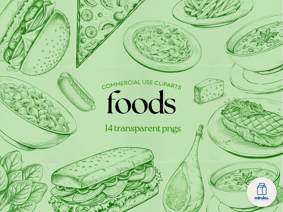 14 Hand-drawn Style Foods Illustration Antique Etched Retro Culinary ...