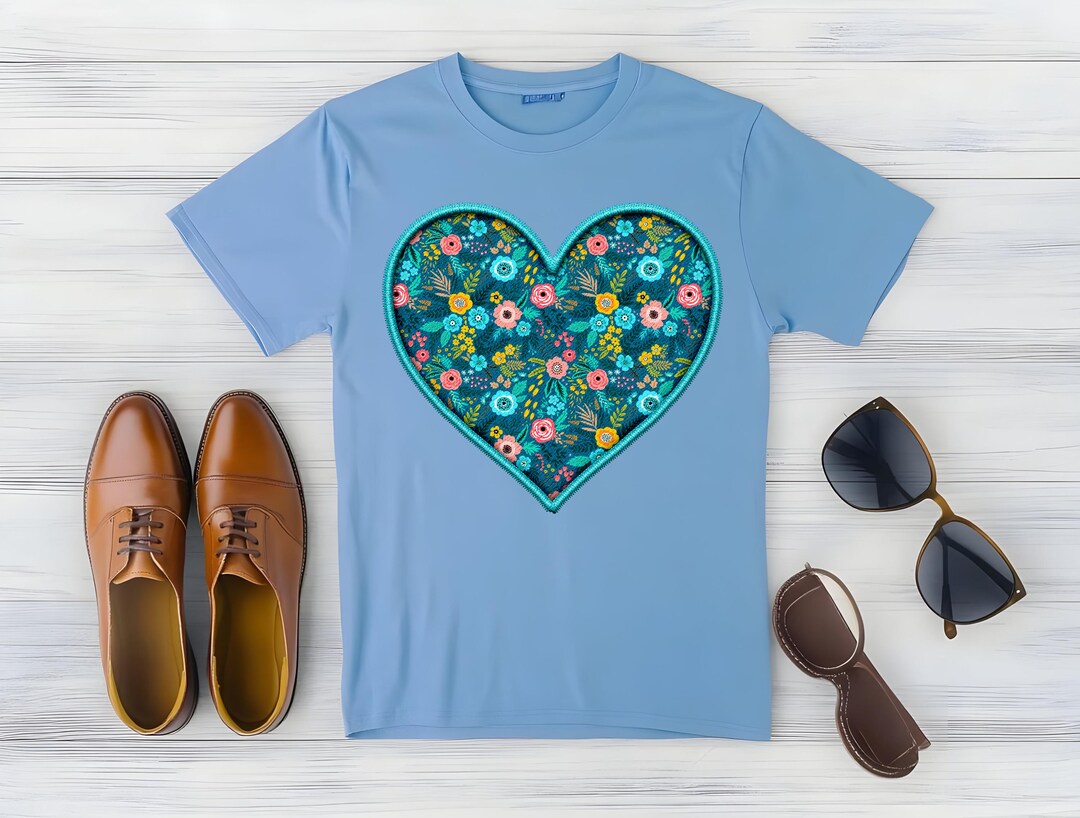 READY TO PRESS Blue Wildflower Heart Embroidery Effect Retro Floral Dtf ...