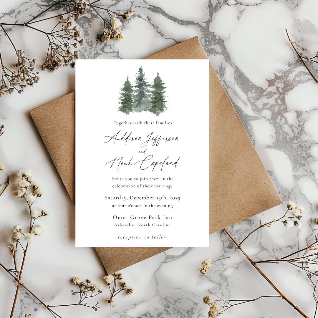 Evergreen Winter Wedding Invitation, Pine Tree Invitation Template ...