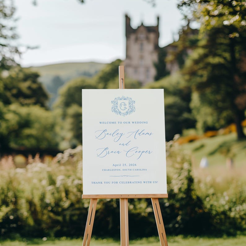 Wedding Crest Welcome Sign, Blue Classic Monogram Welcome Sign, Custom ...