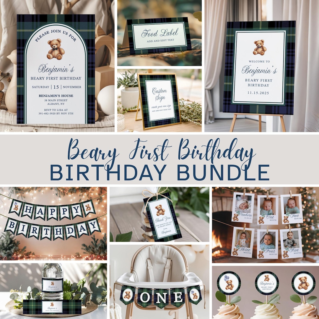 Plaid Beary First Birthday Bundle, DIY Preppy 1st Birthday Decor ...