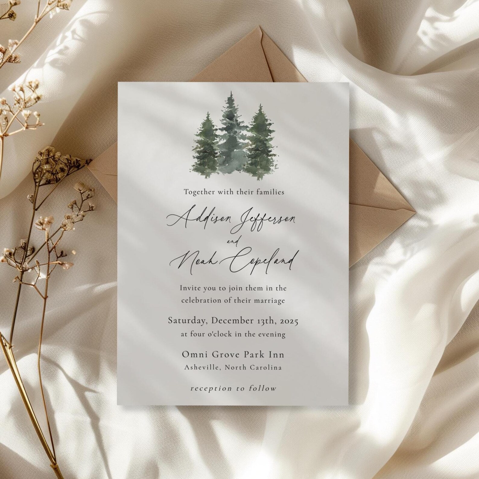 Evergreen Winter Wedding Invitation, Pine Tree Invitation Template ...