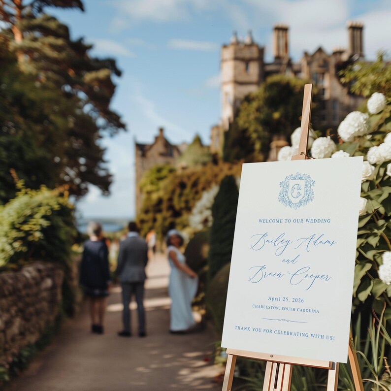 Wedding Crest Welcome Sign, Blue Classic Monogram Welcome Sign, Custom ...