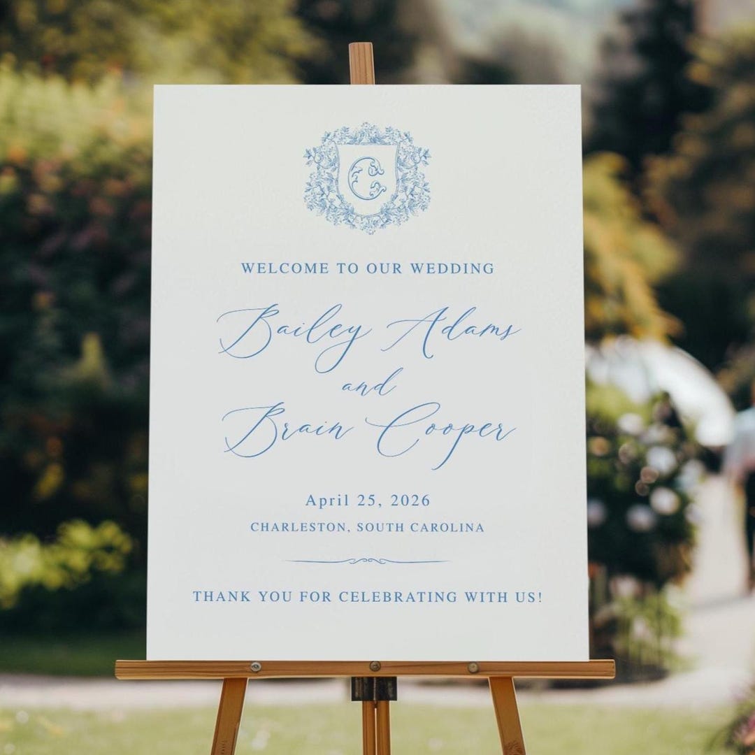 Wedding Crest Welcome Sign, Blue Classic Monogram Welcome Sign, Custom ...