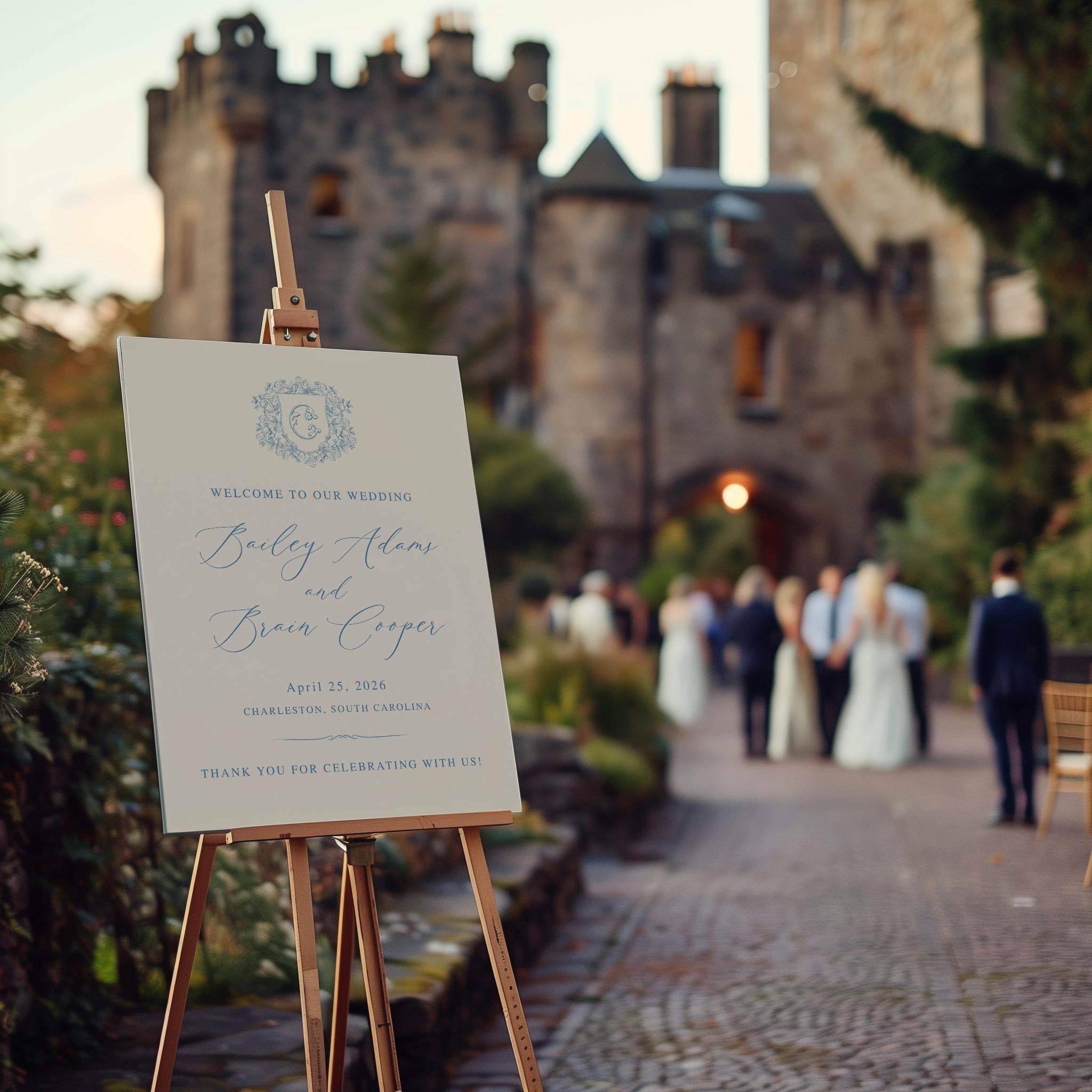 Wedding Crest Welcome Sign, Blue Classic Monogram Welcome Sign, Custom ...
