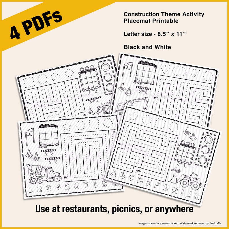Educational Construction Theme Activity Placemat Set of 4| Printable ...