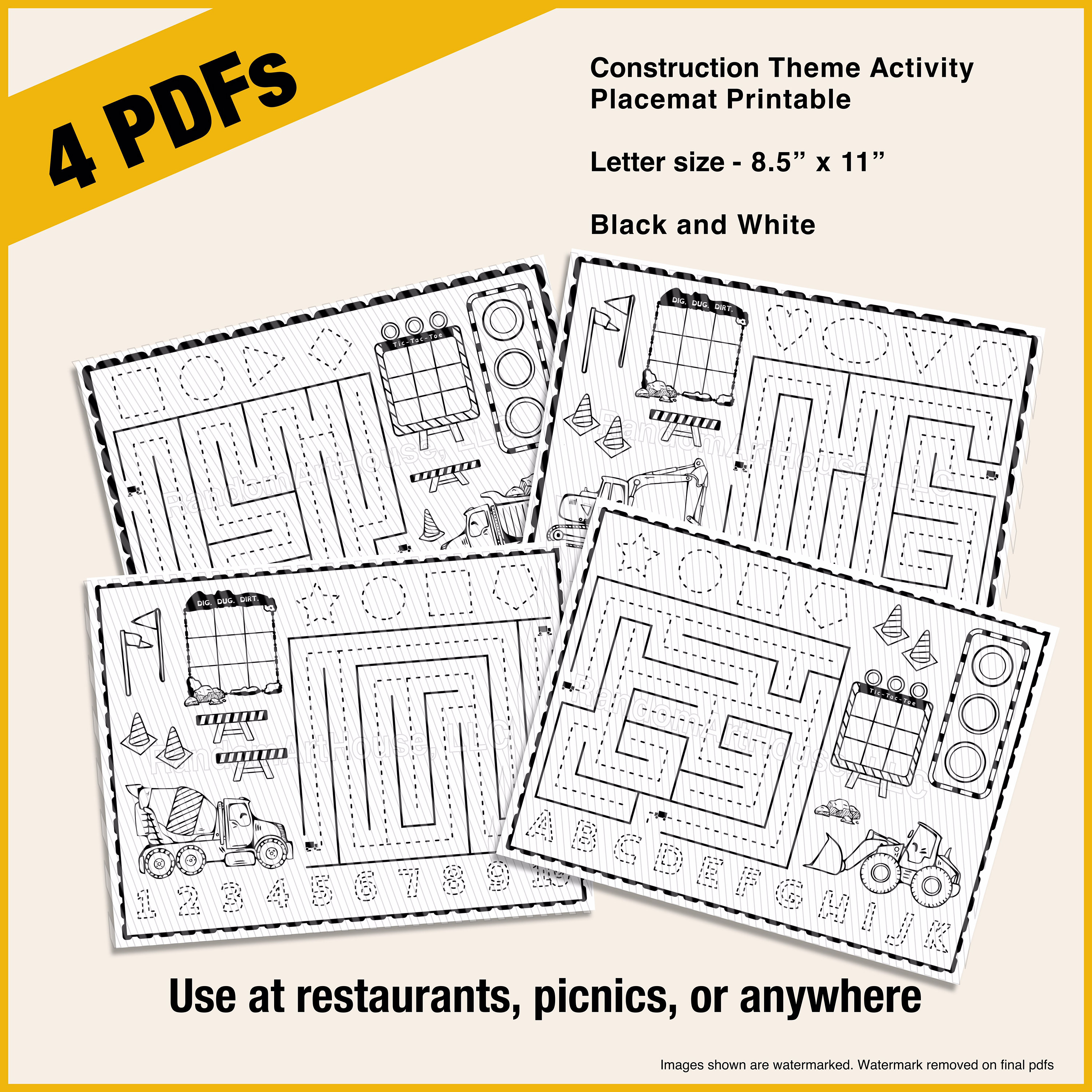 Educational Construction Theme Activity Placemat Set of 4 Printable ...