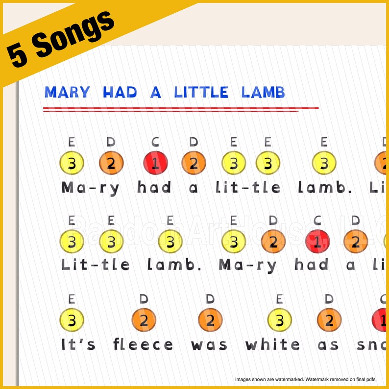 5 Beginner Kids Songs Vol 1 Color-coded, Numbered or Black and White ...