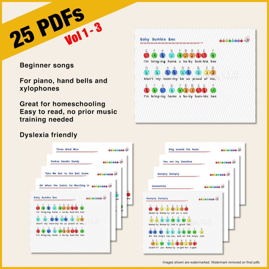 25 Music Sheets Vol 1-3 Bundle | Color-coded, Numbered or Black and ...