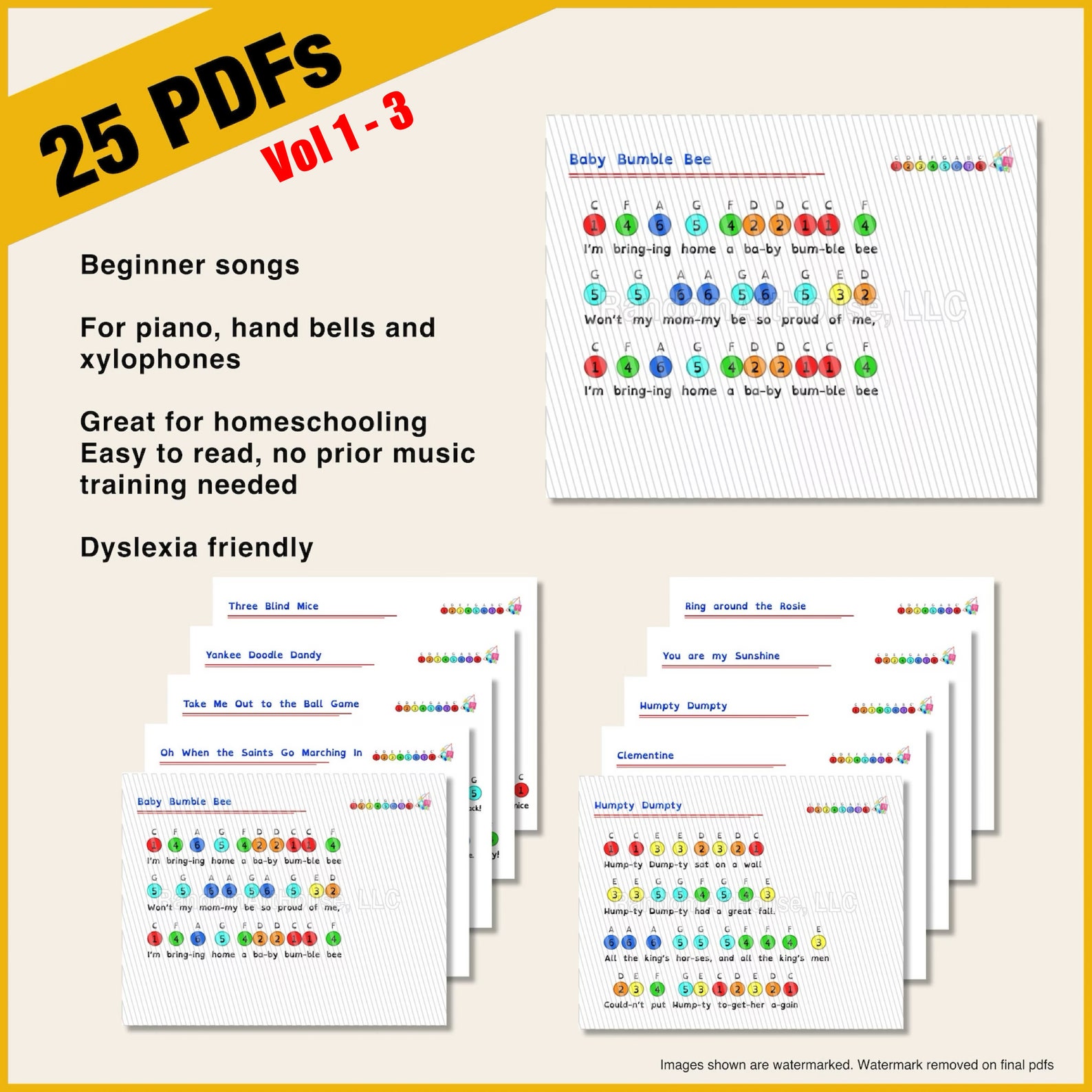 25 Music Sheets Vol 1-3 Bundle | Color-coded, Numbered or Black and ...