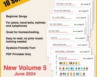 5 Beginner Kids Songs Vol 1 | Color-coded, Numbered or Black and White ...