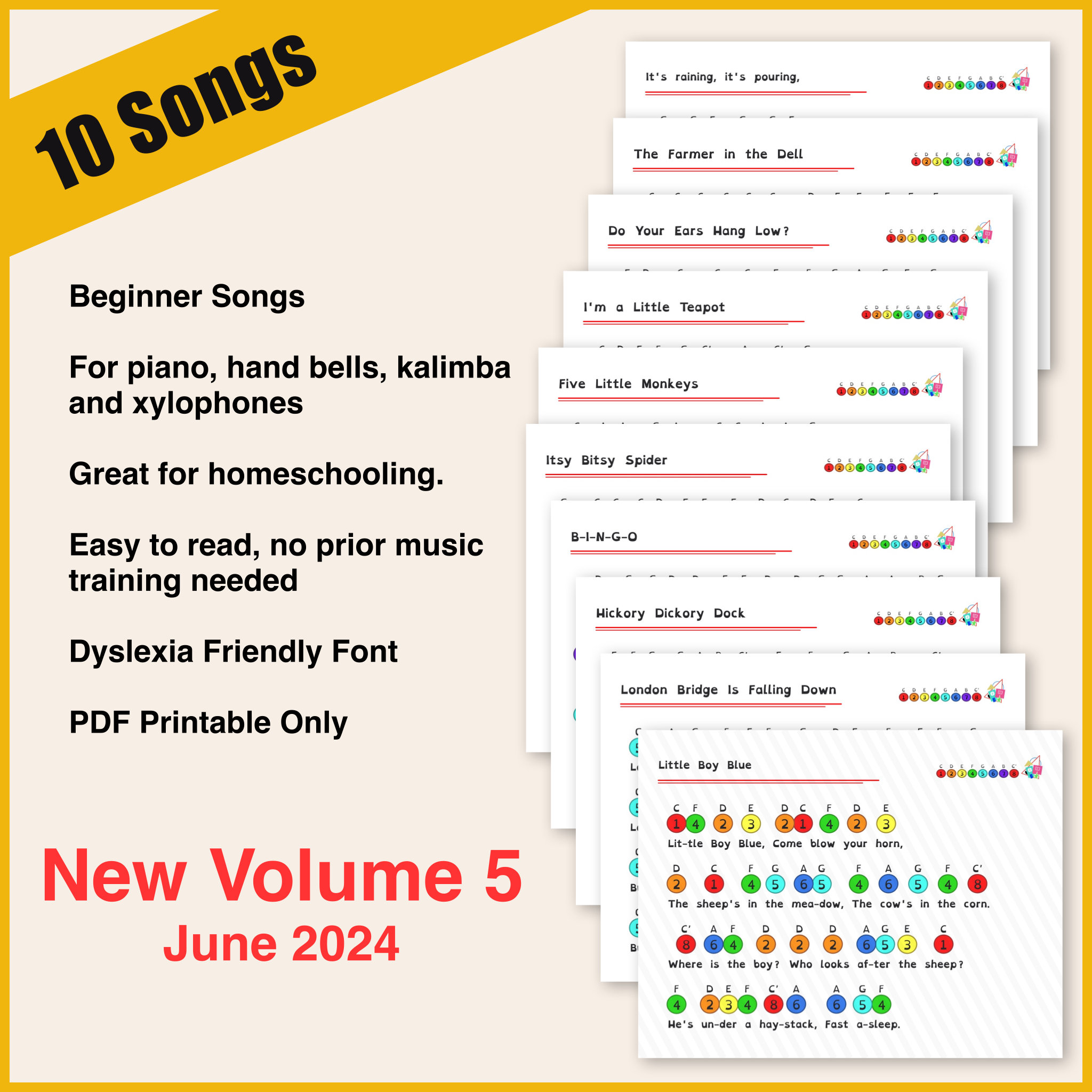 New 10 Songs Music Sheets Vol 5 | Color-coded, Numbered or Black and ...