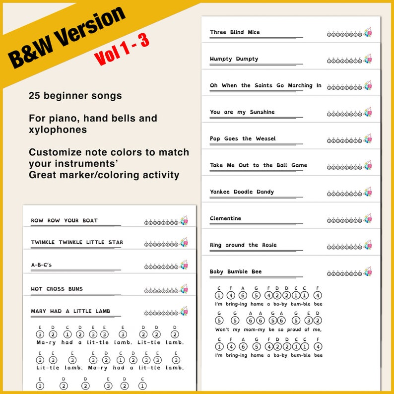 25 Music Sheets Vol 1-3 Bundle | Color-coded, Numbered or Black and ...