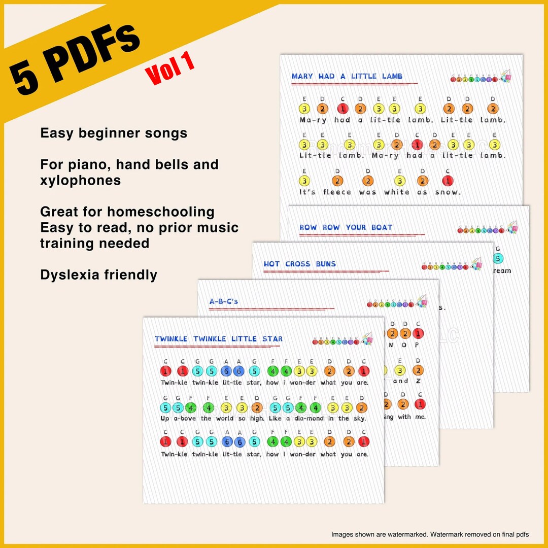 5 Beginner Kids Songs Vol 1 | Color-coded, Numbered or Black and White ...