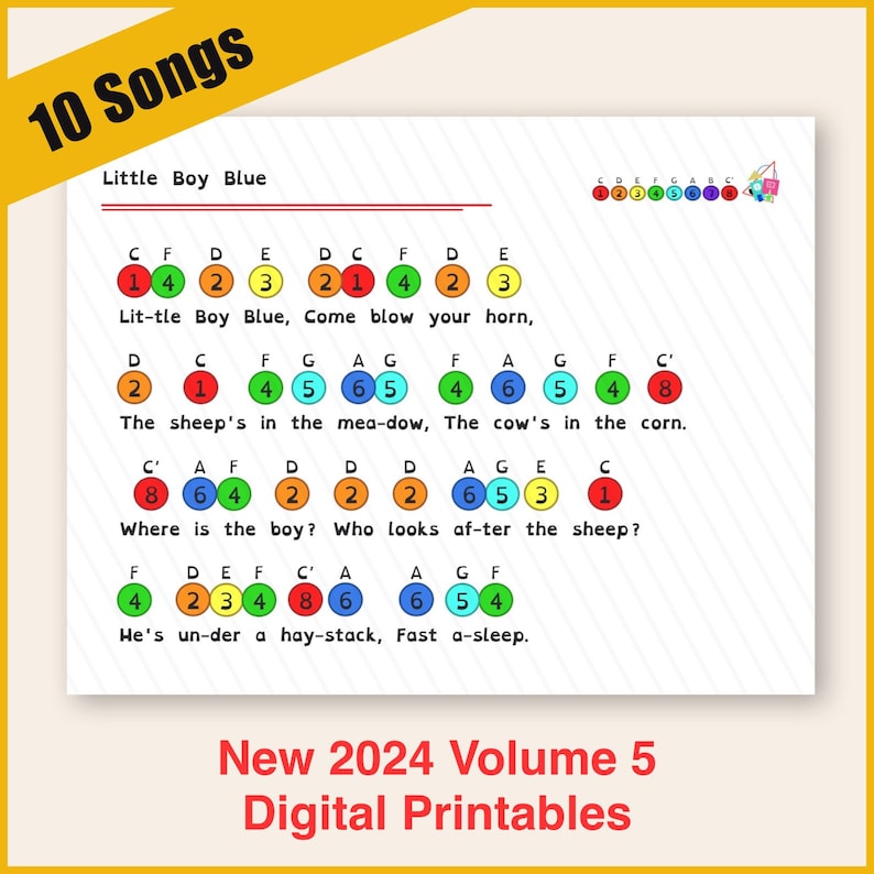 New 10 Songs Music Sheets Vol 5 | Color-coded, Numbered or Black and ...