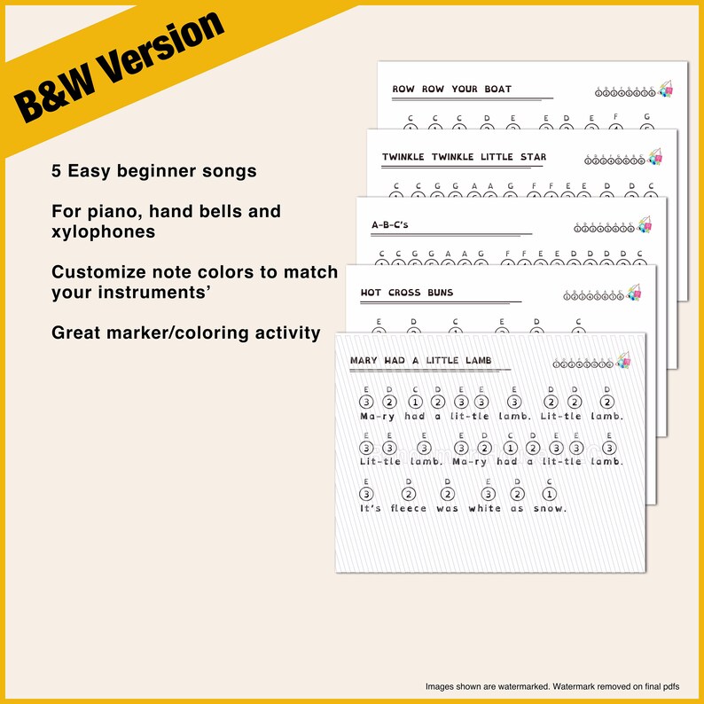 5 Beginner Kids Songs Vol 1 Color-coded, Numbered or Black and White ...