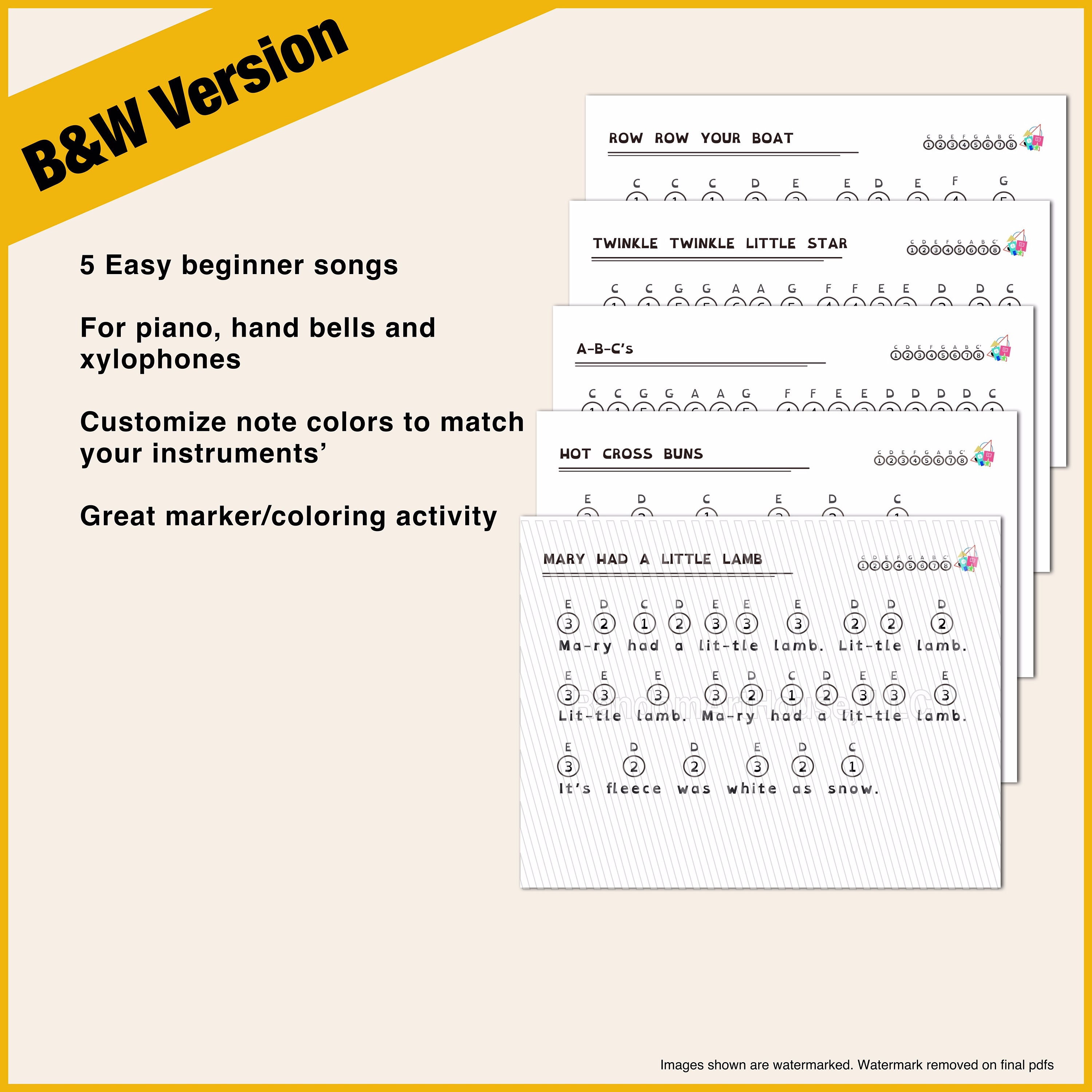 5 Beginner Kids Songs Vol 1 Color-coded, Numbered or Black and White ...