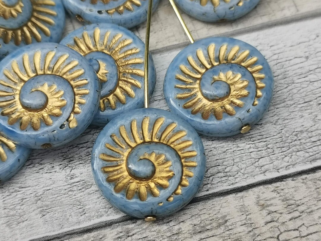 4 Czech Glass Ammonite Sea Shell Coin Beads - Grey Blue / Gold - 18 Mm ...