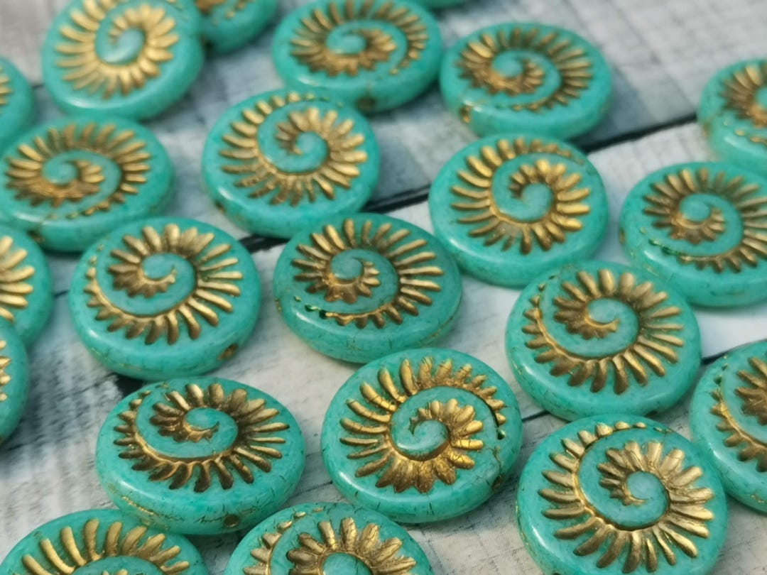 4 Czech Glass Ammonite Sea Shell Coin Beads - Turquoise Blue / Gold ...