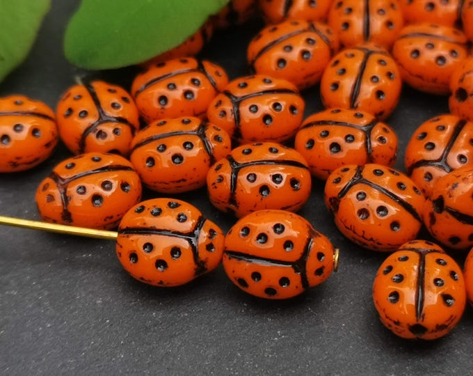 25 Czech Glass Mini Ladybug Animal Beads - Orange With Black Wash 9 X 7 ...