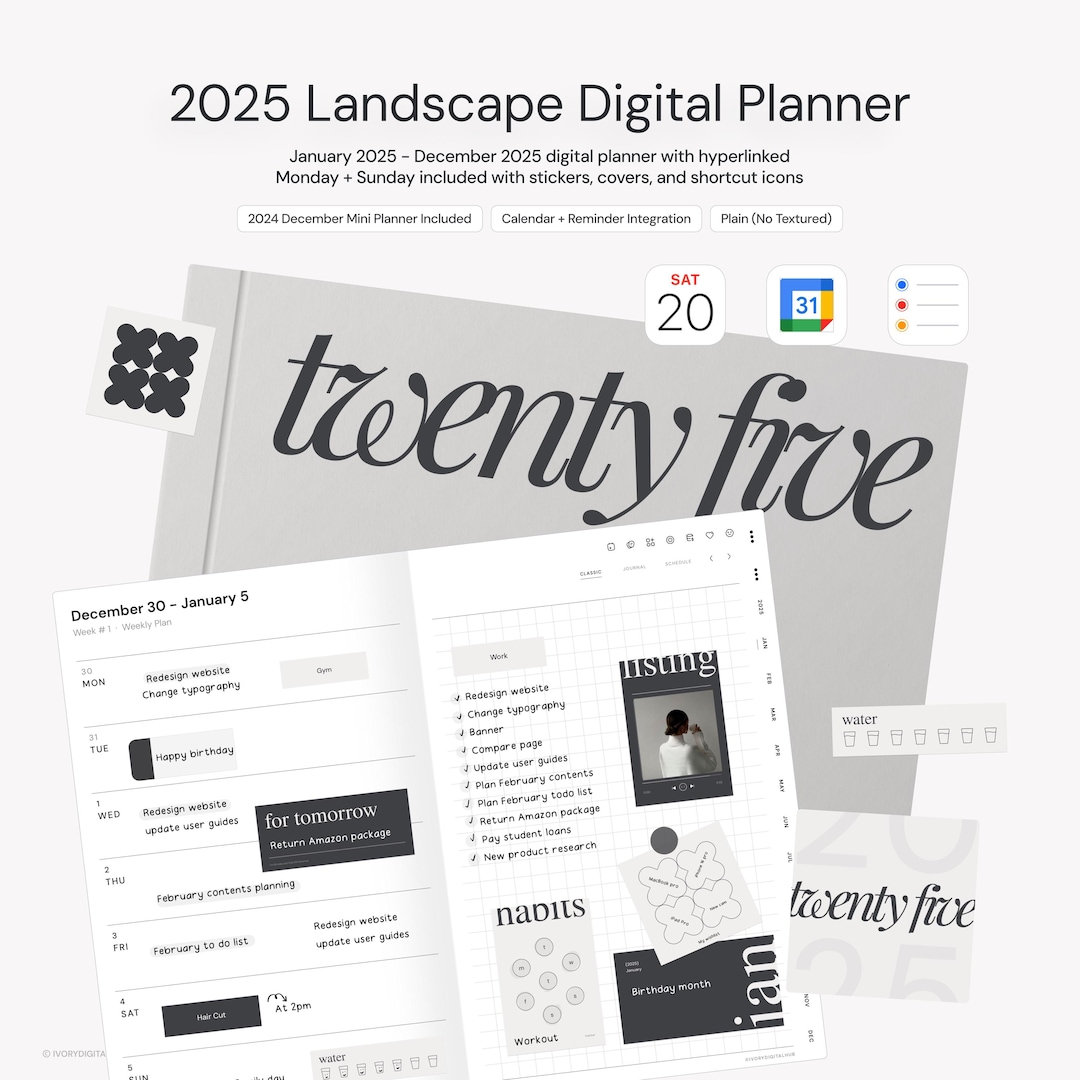2025 Digital Planner, Minimalist Planner, Goodnotes Planner, Landscape ...