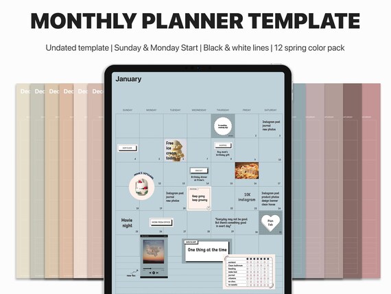 Monthly Digital Calendar Digital Monthly Planner Undated - Etsy