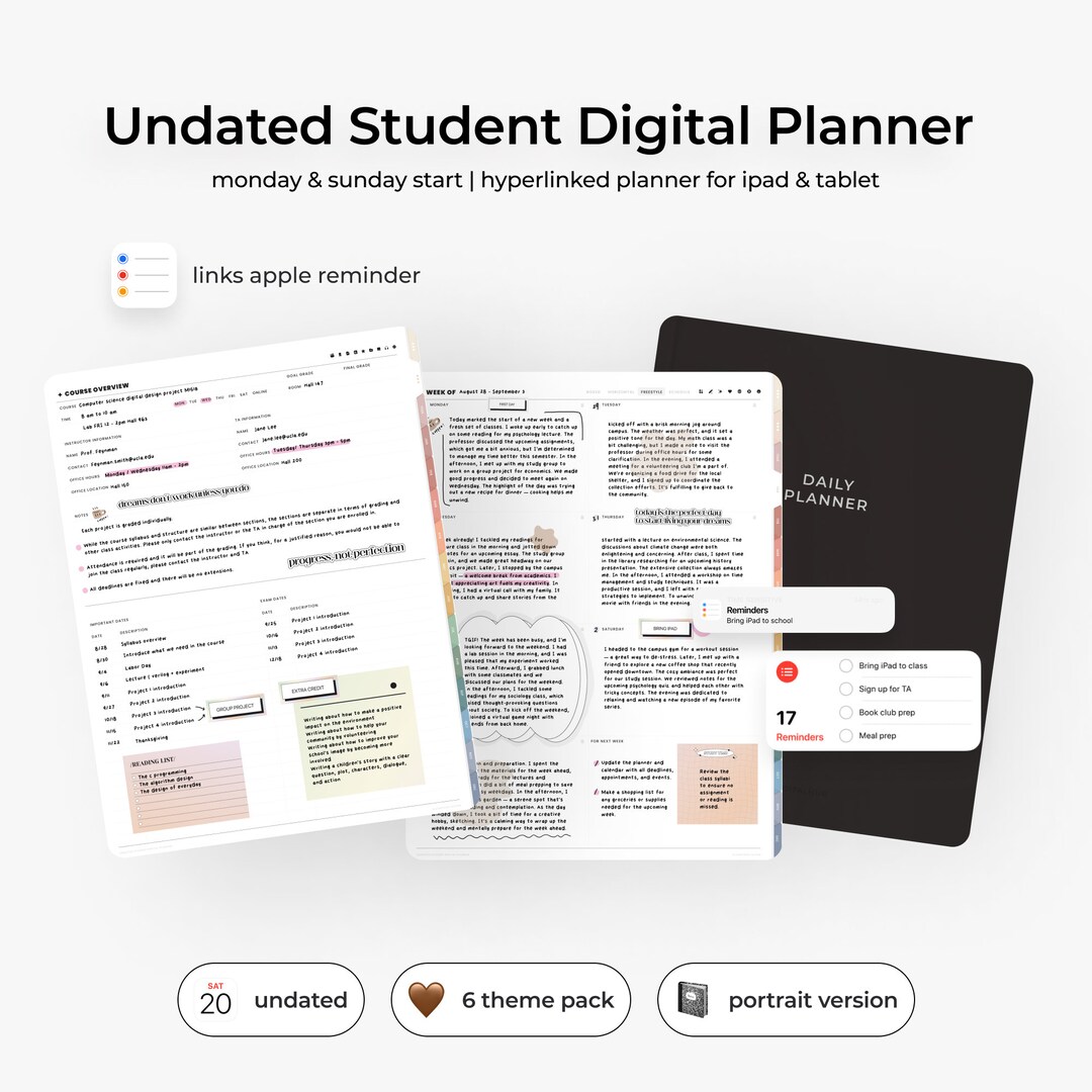 Undated Student Planner, Digital Planner, Student Planner, Goodnotes ...