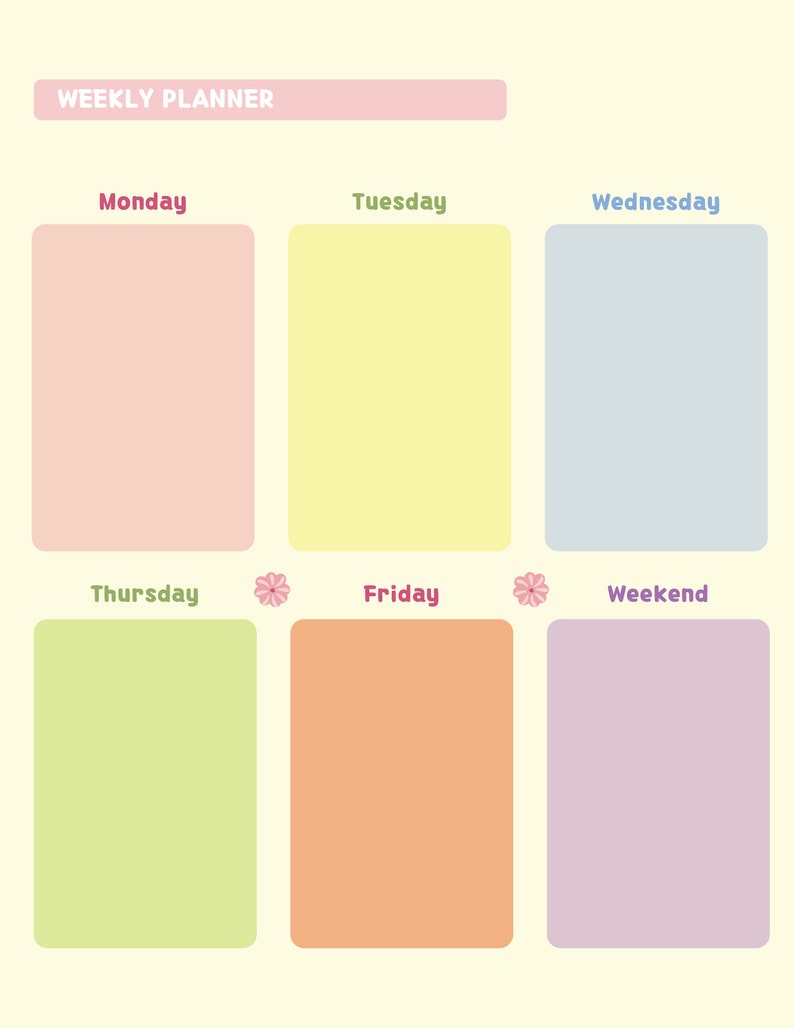Kids Weekly Calendar / Cute Colorful Printable Children's Weekly ...