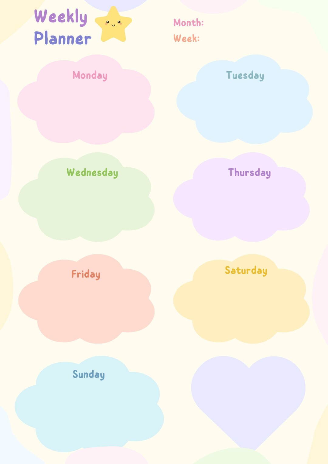 Kids Weekly Calendar / Cute Colorful Printable Children's Weekly ...