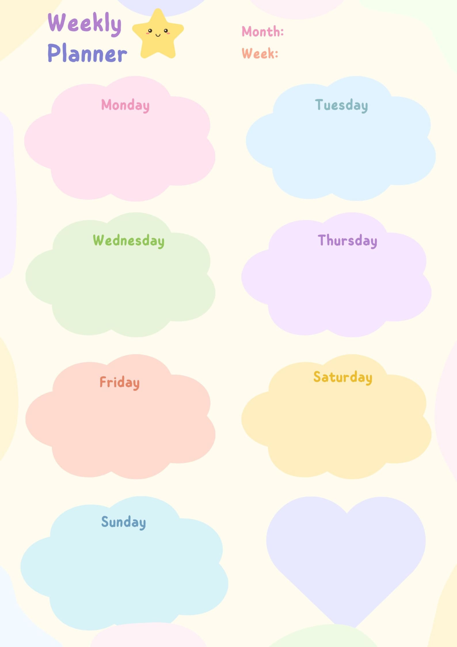 Kids Weekly Calendar / Cute Colorful Printable Children's Weekly ...