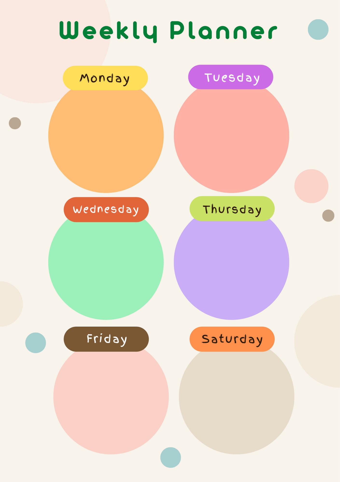 Kids Weekly Calendar / Cute Colorful Printable Children's Weekly ...
