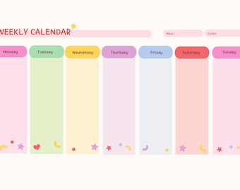 Kids Weekly Calendar / Cute Colorful Printable Children's Weekly ...